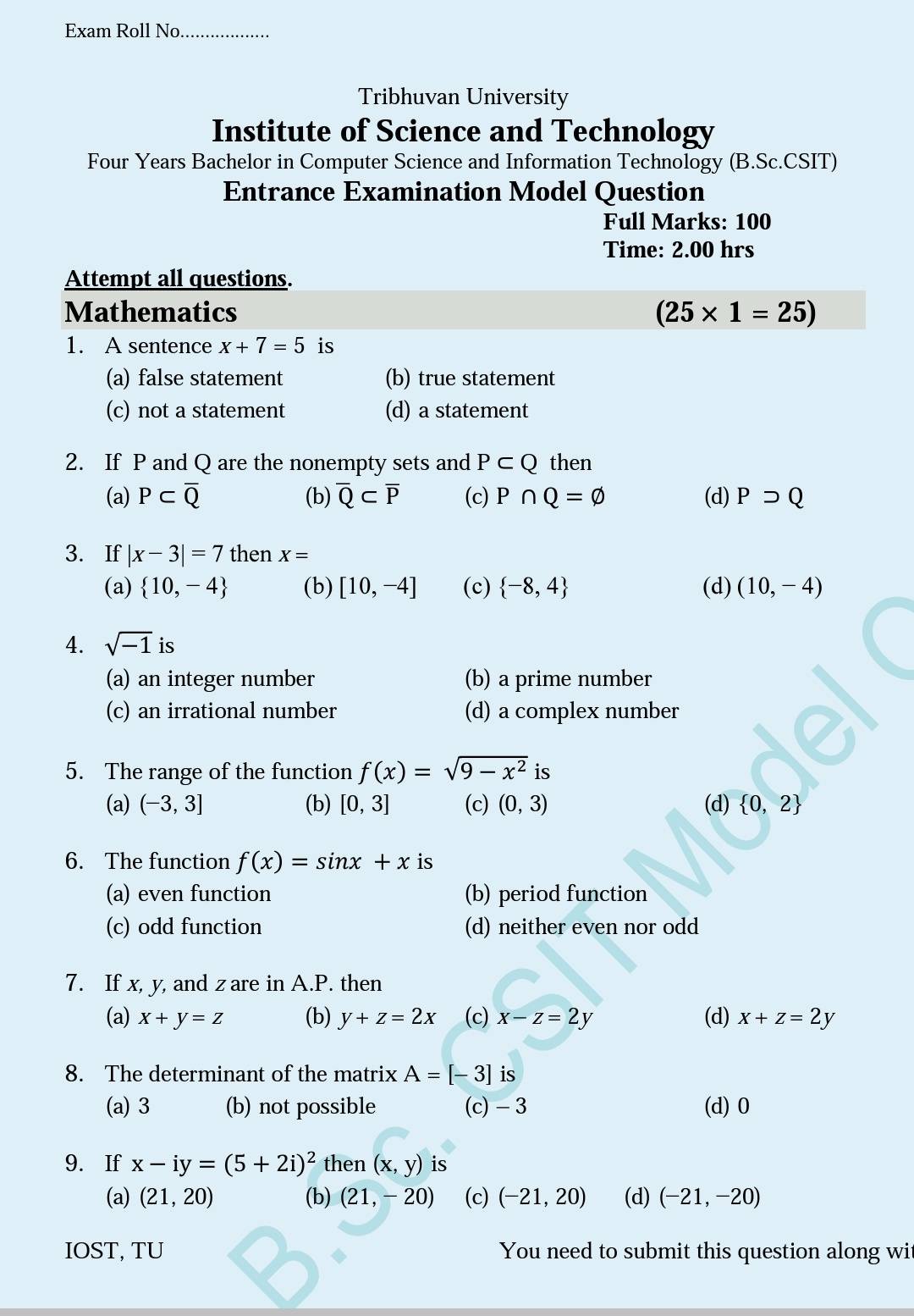 B.Sc. CSIT Entrance Model question set 1'st
