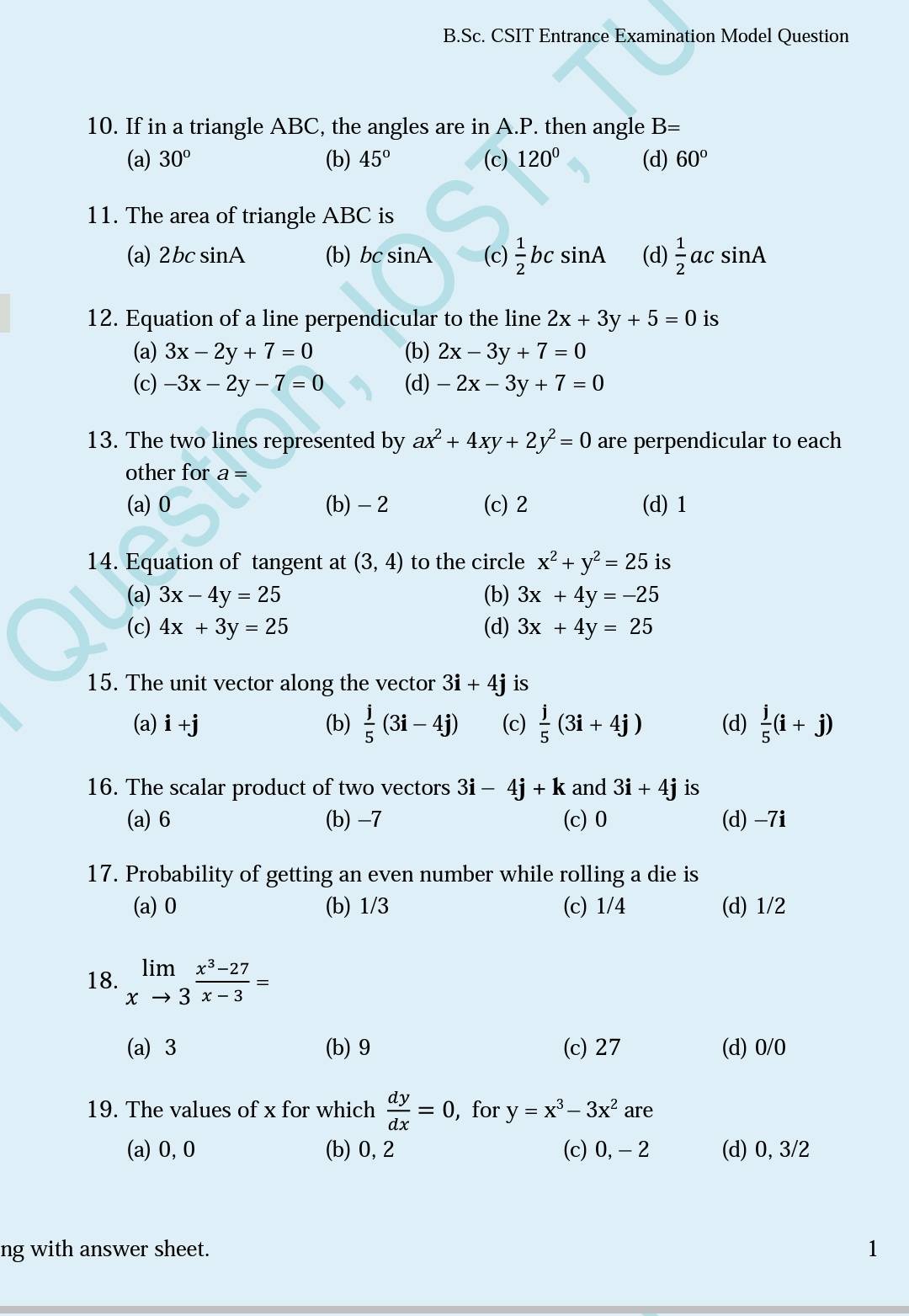 B.Sc. CSIT Entrance Model question set 1'st B.Sc. CSIT Entrance Model question set 1'st