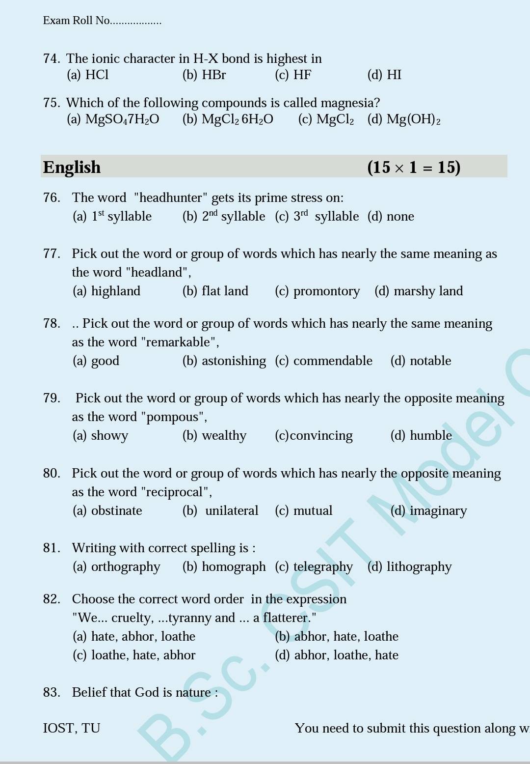 B.Sc. CSIT Entrance Model question set 1'st