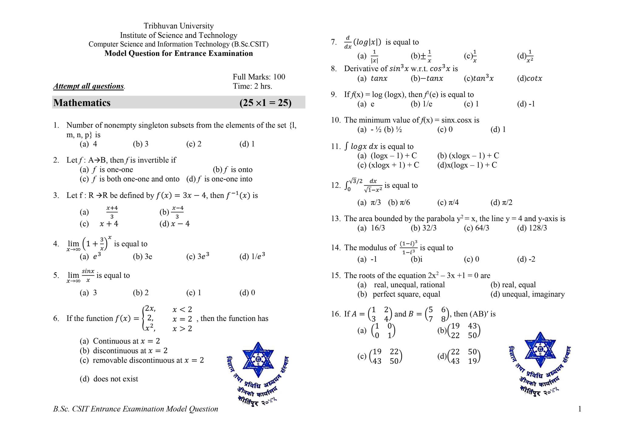 Model Question of B.Sc. CSIT Entrance Exam Set 2 ' nd